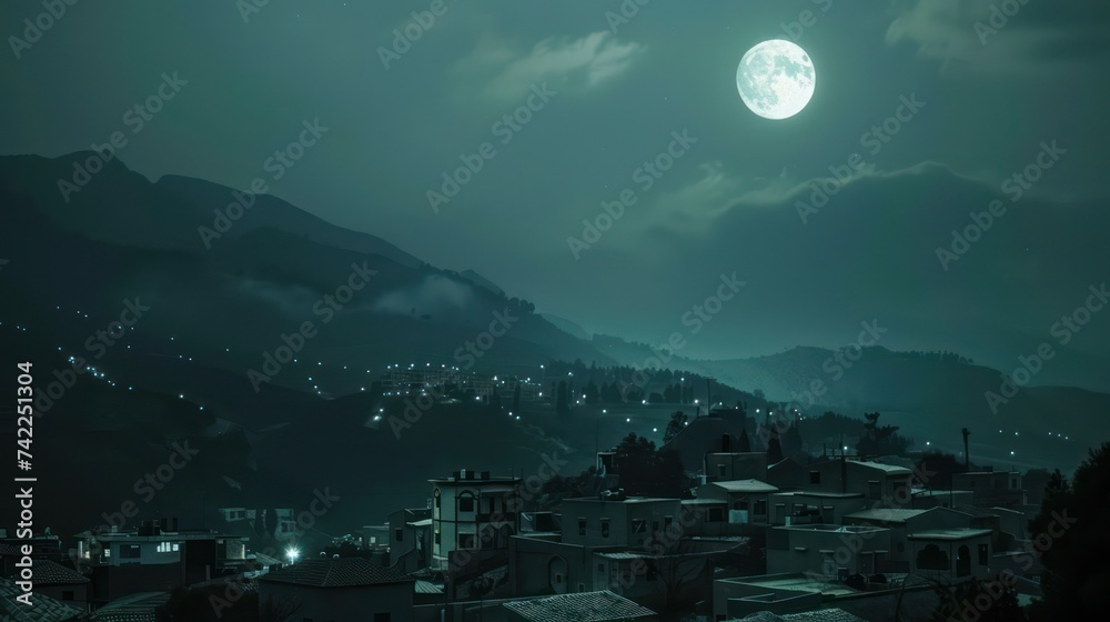The lomo style enhances the image of a full moon above an ancient Arab ...