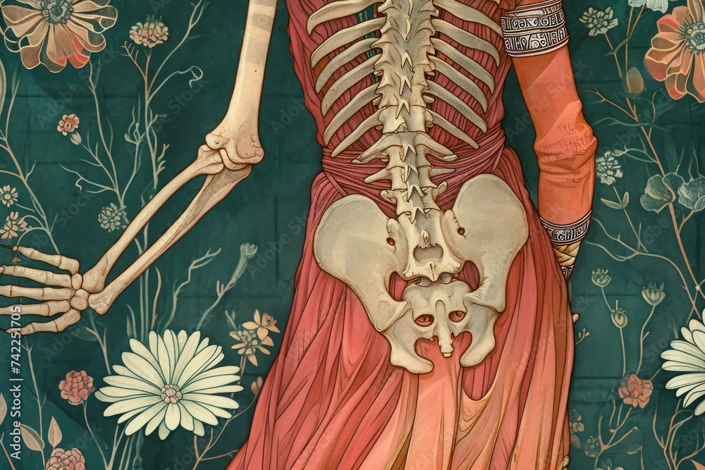 A painting showcasing a skeletal figure gripping a human skeleton ...