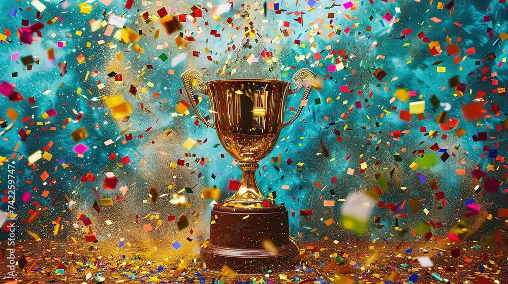 A gleaming gold winners trophy cup takes center stage, surrounded by a ...