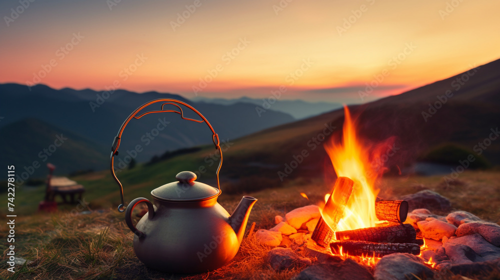 Steam rising from a kettle of chai tea over a roaring campfire,Outdoor ...