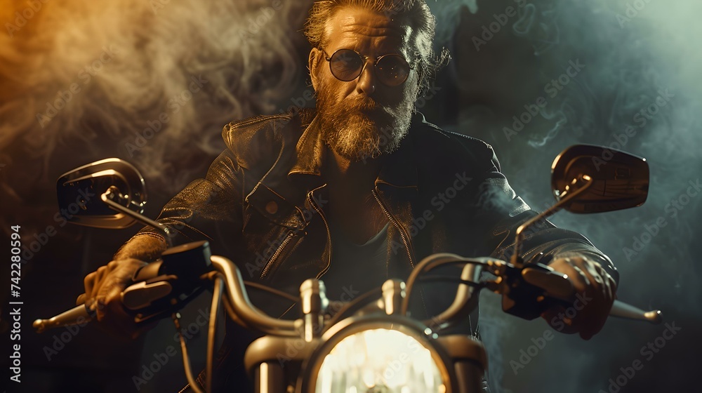 Intense biker on a motorcycle enveloped in dramatic smoke. night rider ...
