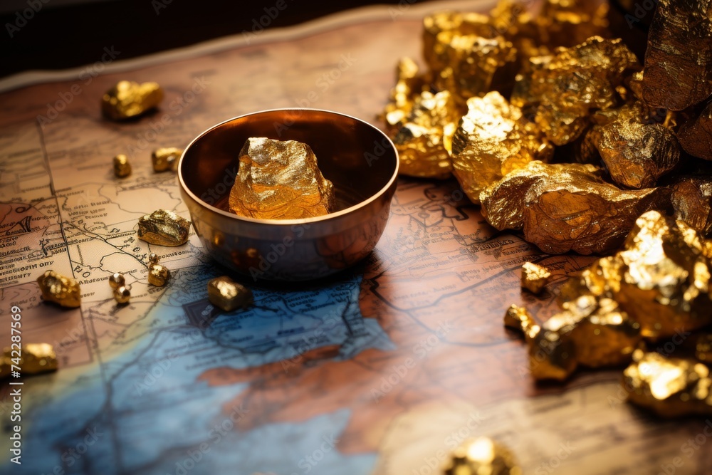 Natural gold nuggets displayed on a map with mining pan, symbolizing ...