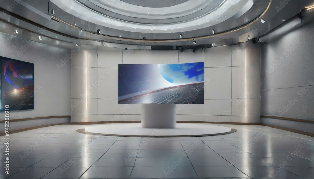 Blurred Interior virtual news studio background, modern news room, talk ...