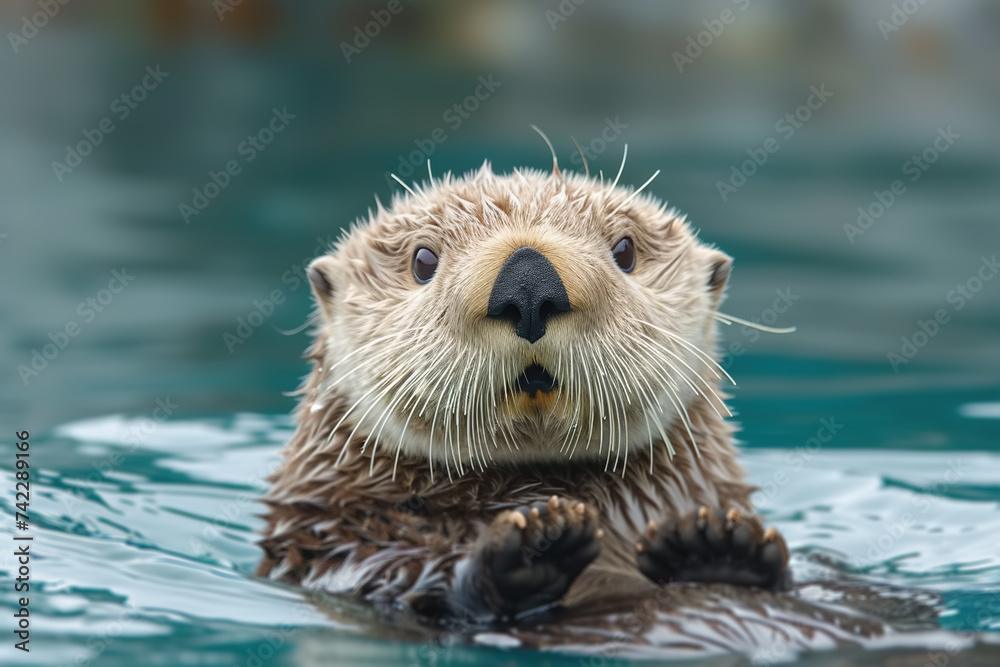 Portrait of a cute sea otter with its paws raised from water, a wet ...