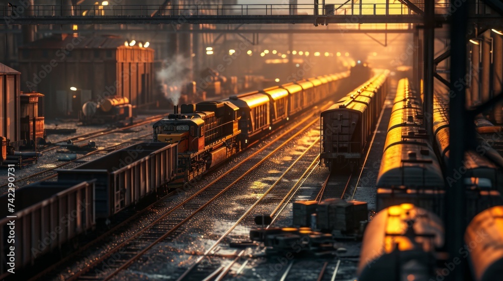 Generative AI Detailed view of a cargo train yard, locomotives, freight ...