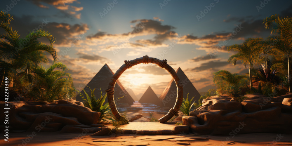 Wooden stargate portal style podium in ancient Egypt with pyramids and ...