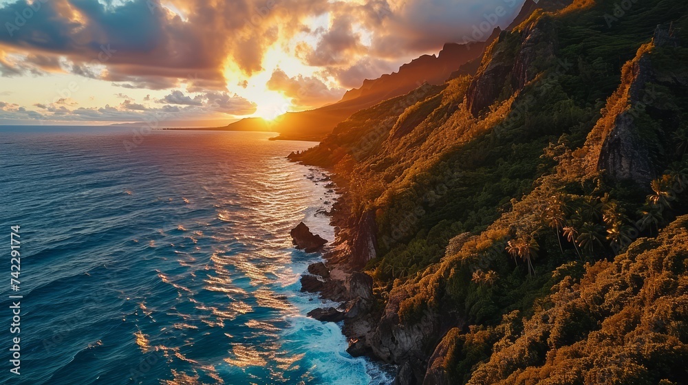 Generative AI Dramatic island vistas, drone's altitude, sun setting ...