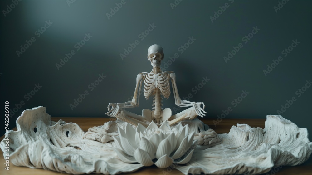 human body skeleton, sitting cross-legged, meditating on a lotus ...