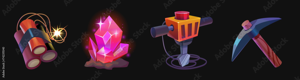 Mine instruments set isolated on black background. Vector cartoon ...