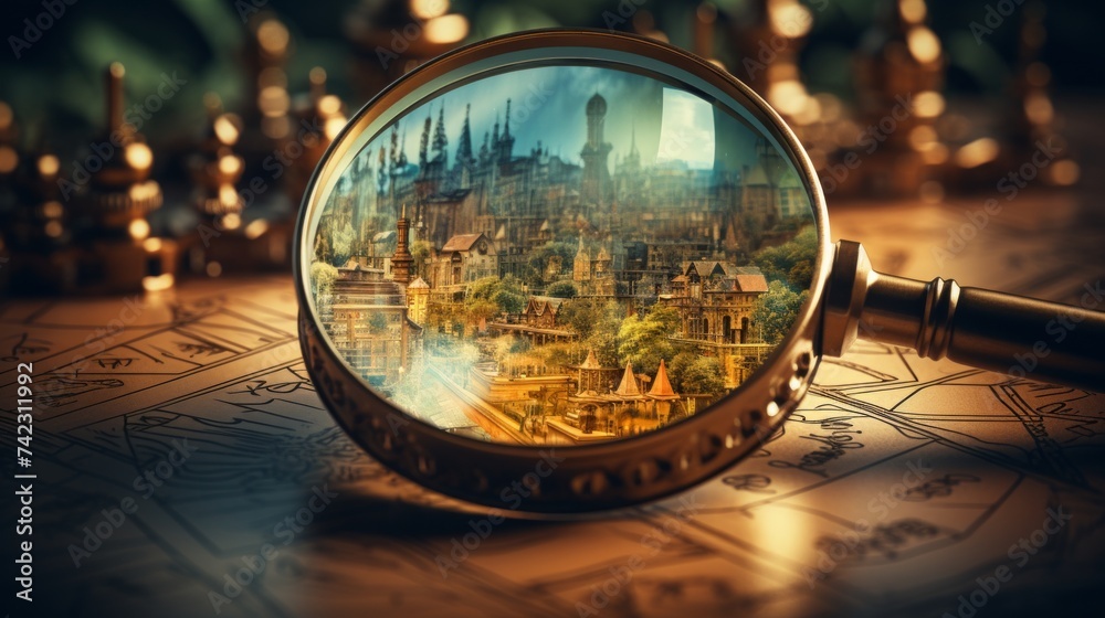 Generative AI Realistic photo of a magnifying glass against a research ...