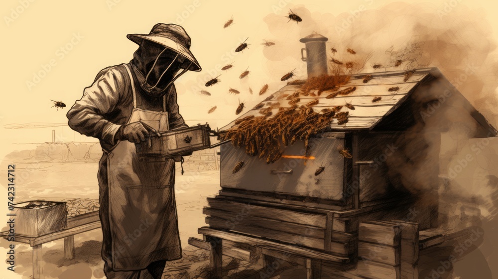 Generative AI Sketch-style drawing of a beekeeper using a smoker to ...