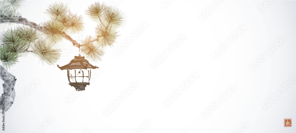 Ink painting with japanese lantern hanging on pine tree branch ...