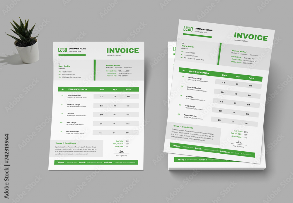 Green Invoice Template Stock Template | Adobe Stock