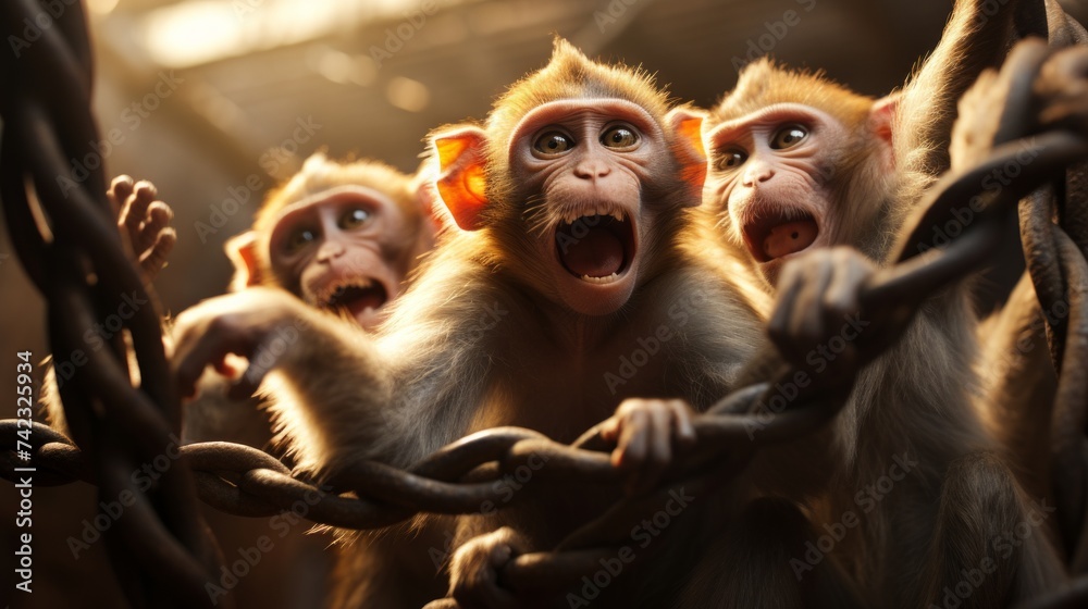 Generative AI Visitors observing a playful group of monkeys swinging ...