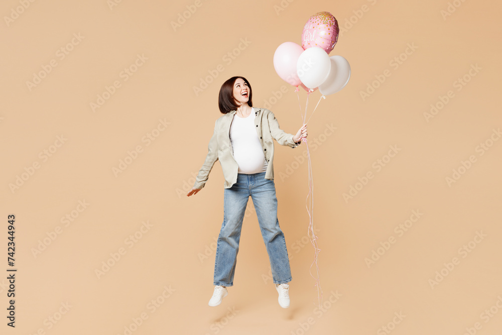 Full body young pregnant woman future mom she wear grey shirt with ...
