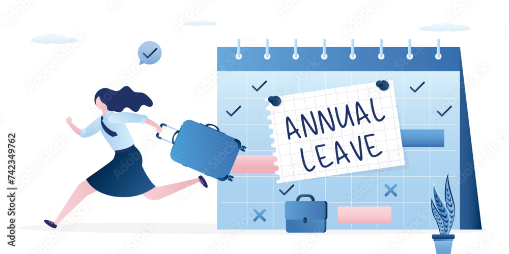 Businesswoman running with luggage from calendar with annual leave note ...