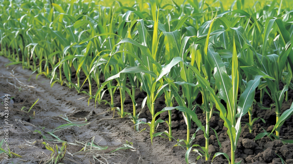 A row of young corn stalks their bright green color indicating their ...