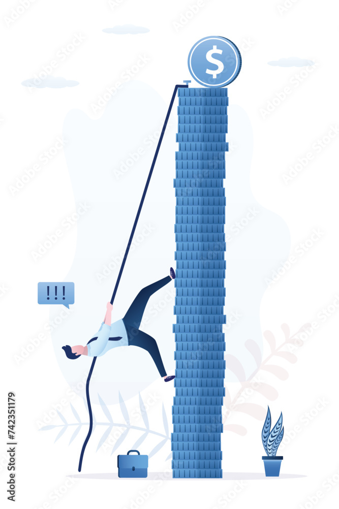 Businessman uses rope and climbs to top of stack of coins. Increasing ...