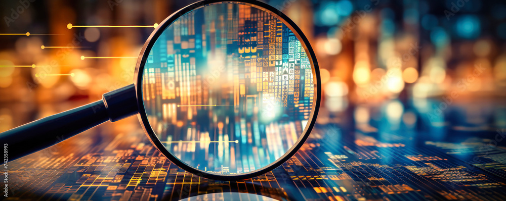 Magnifying Glass Overlooking Cityscape. Business Control over quotes ...