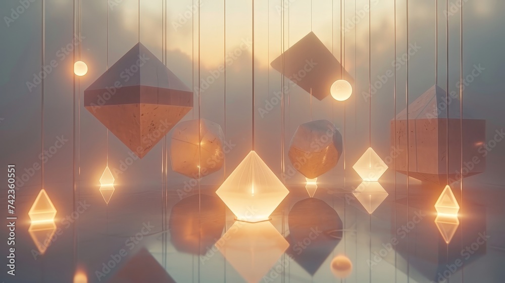 A 3D rendering of geometric shapes suspended in an ethereal space ...