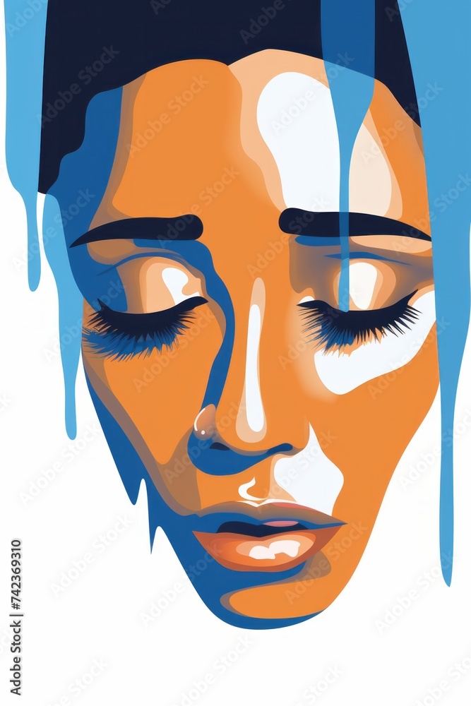 A painting depicting a woman with tears rolling down her face ...