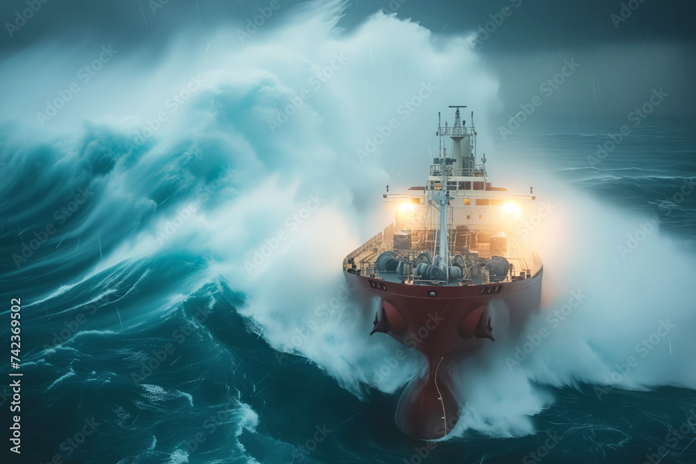Cargo tanker navigates through towering waves in ocean. Massive hull of ...