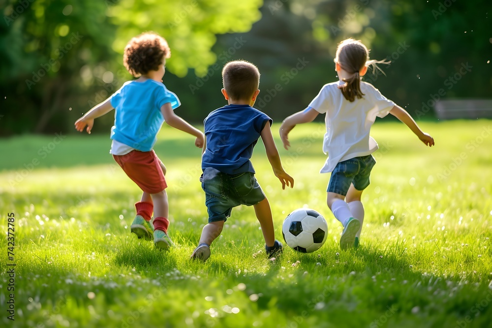 Elementary school children enjoy fun football, children playing soccer ...