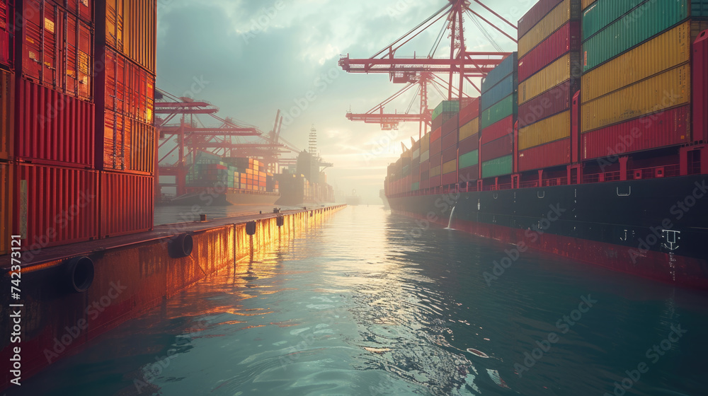 Container ship terminal carrying container boxes, global logistics ...