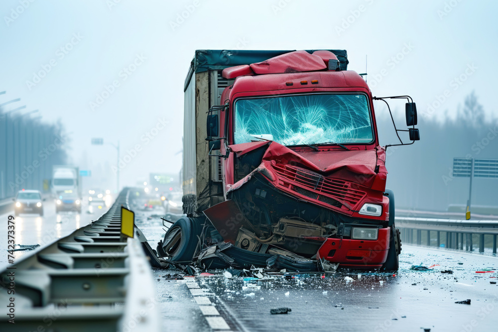 Truck accident on express way with significant bumper damage. Impact ...