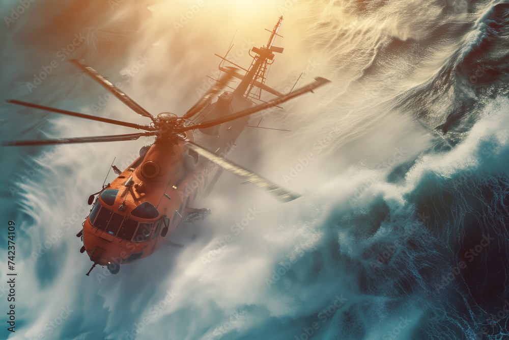 Helicopter airlifts crew members from ship after crash. Helicopter crew ...