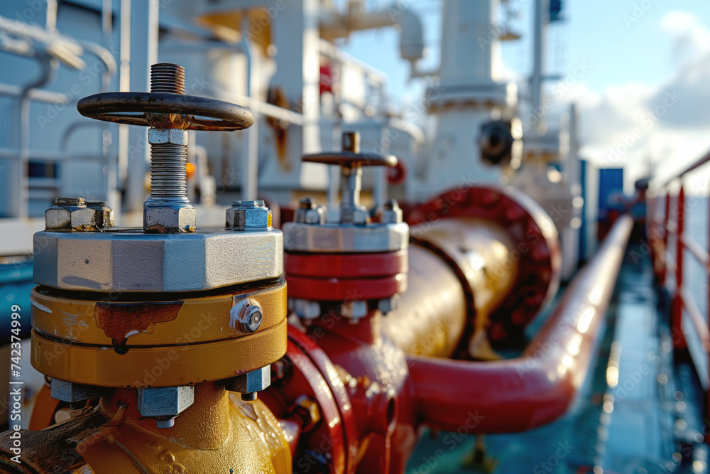 Deck of oil tanker with tubes and pipes keeping liquid. Pipes connect ...