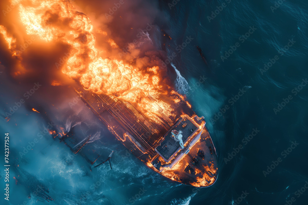 Large tanker engulfed in flame after critical damages. Accident leaves ...