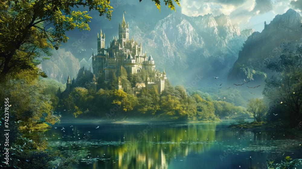 Majestic fantasy castle by serene lake amidst enchanted forest ...
