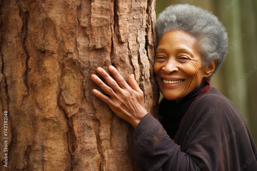 A senior woman of African descent, hugging a large tree trunk ...