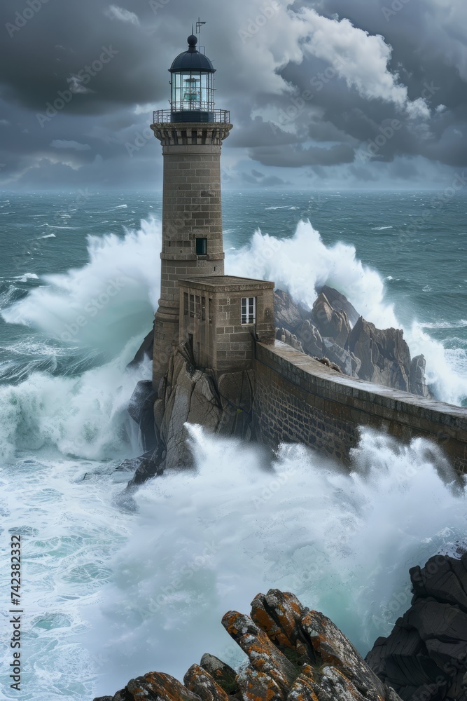 The image features a prominent lighthouse standing tall and strong ...