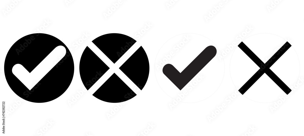 Check mark, Cross mark icon set. Black And White Isolated check mark ...
