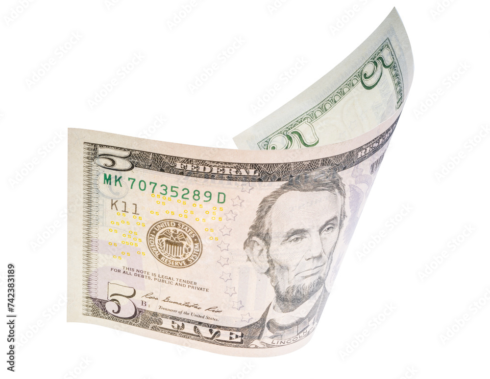 5 dollars banknotes falling in the air isolated on white, Flying 5 ...