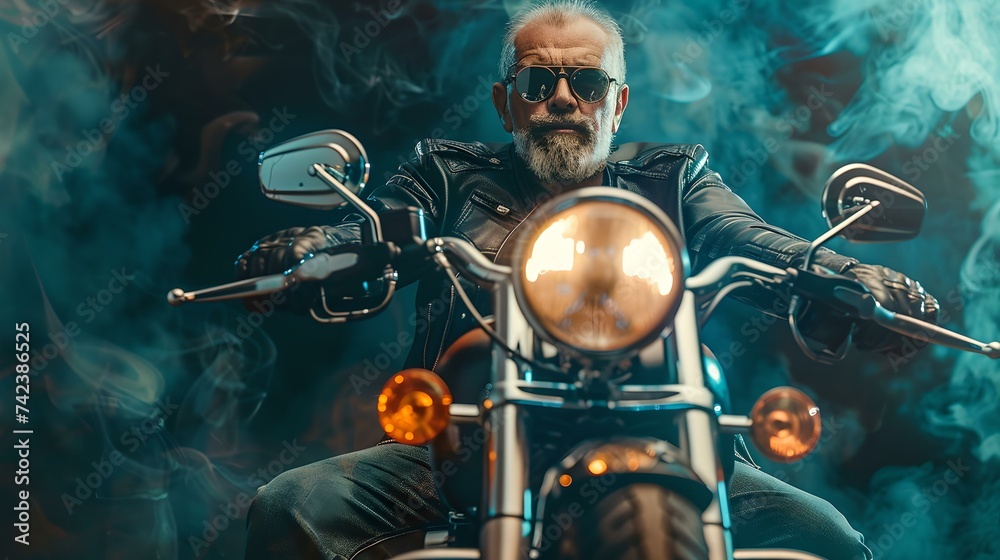 Cool biker on motorcycle with dramatic smoke background. casual urban ...
