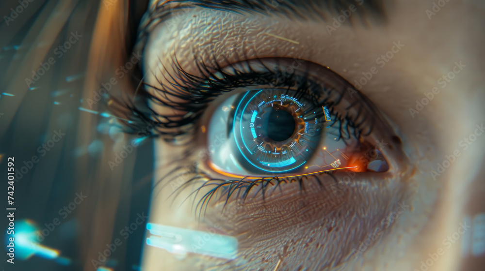 Female eye close up with smart contact lens with digital and bio-metric ...