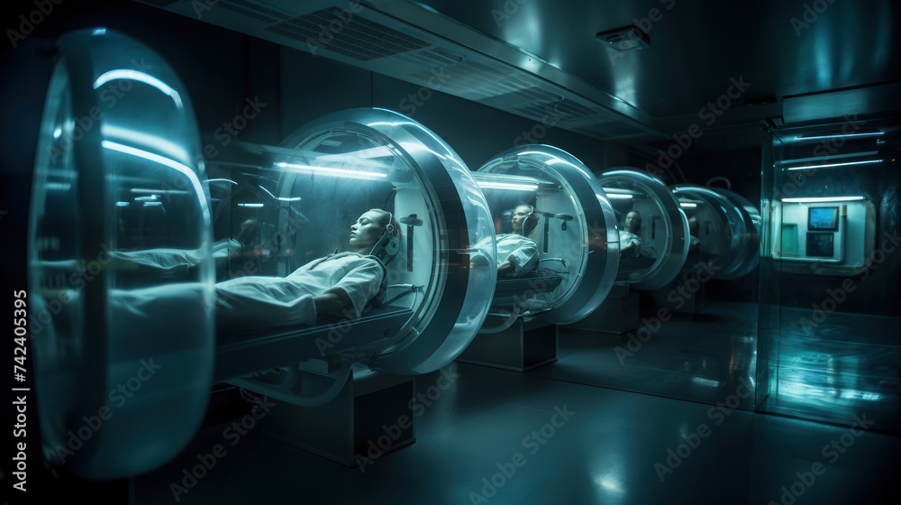 Team of astronauts in hypersleep anabiosis chamber aboard the orbital ...