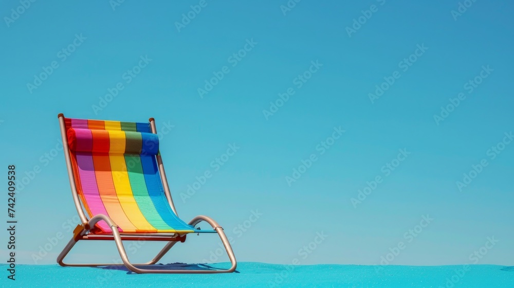 a single rainbow beach chair stands out against a clean, bright blue ...