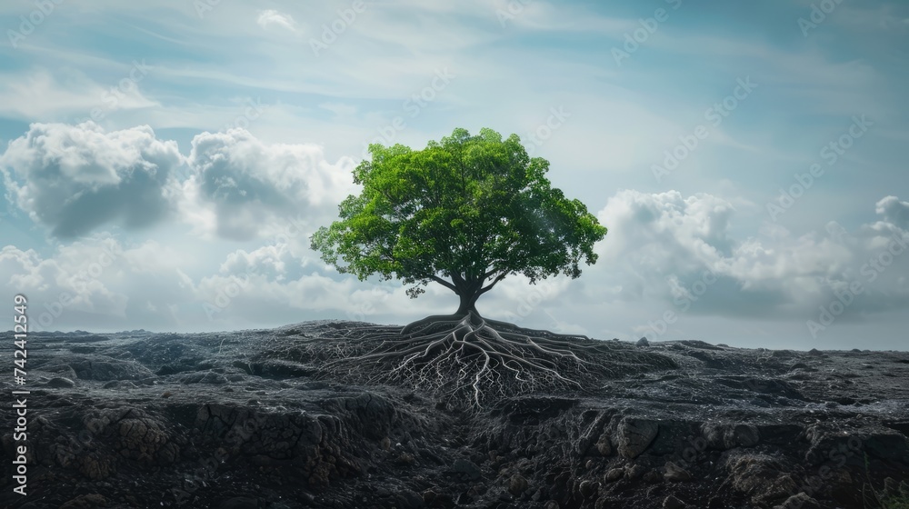 A single tree standing tall in a barren landscape, with roots reaching ...