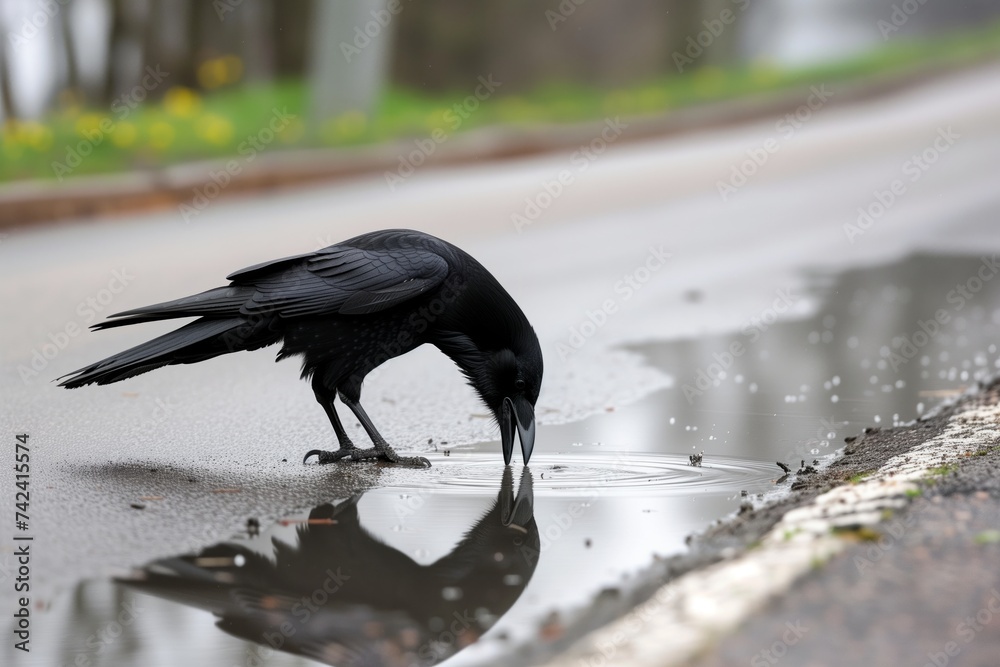 crow dipping its beak into a roadside rain puddle Stock Photo | Adobe Stock