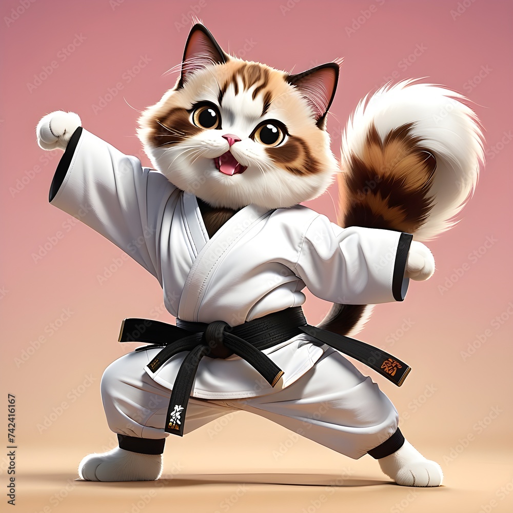 Adorable cat in a karate uniform performs a martial arts pose with a ...