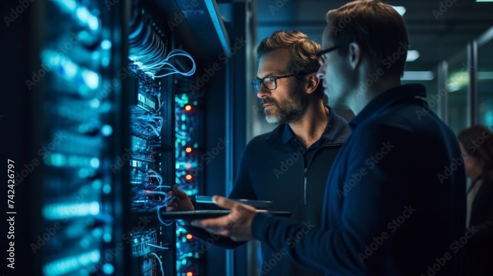 Two professionals configure a server in a data center with network ...