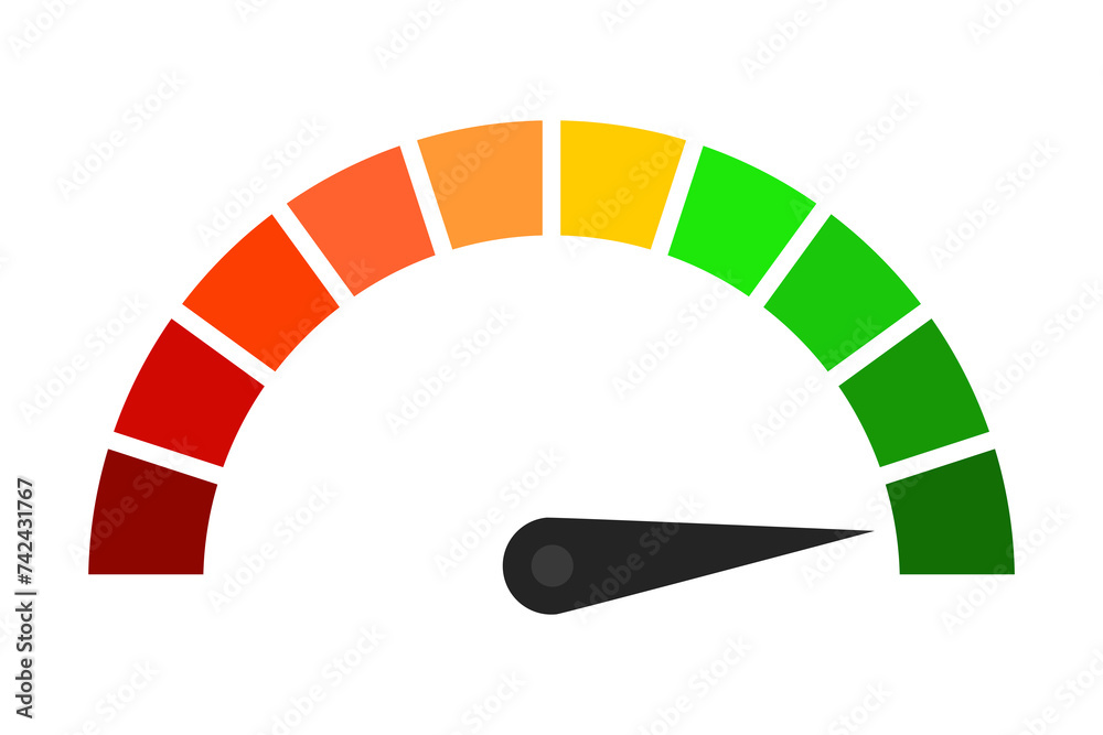 Speedometer with color scale and maximum value. Measure, needle, speed ...