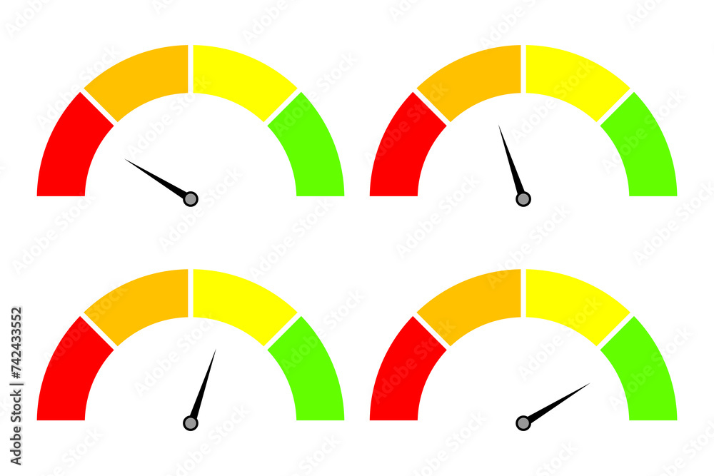 Speedometer with color scale and different needle readings. Measure ...
