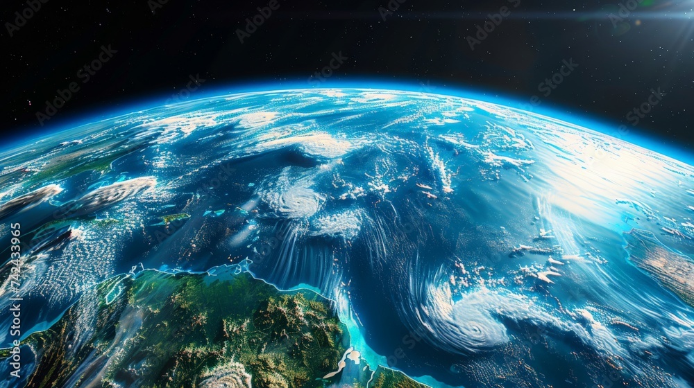 Earth from space, showcasing the blue oceans, green and brown land masses, and white clouds ...