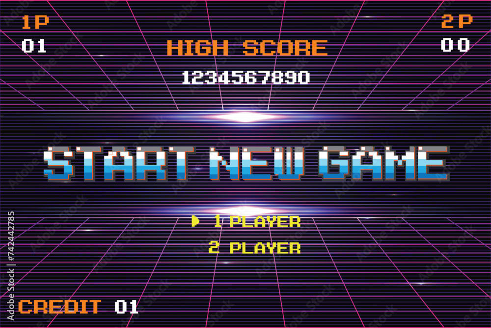 START NEW GAME play .Synthwave wireframe net illustration. pixel art .8 ...