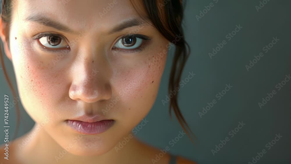 A woman of Asian descent her eyes narrowed and lips pulled into a sneer ...